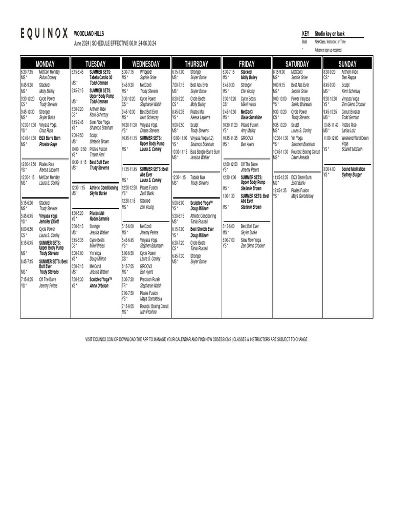 Equinox Woodland Hills June 2024 Class Schedule | PDF | Strength ...