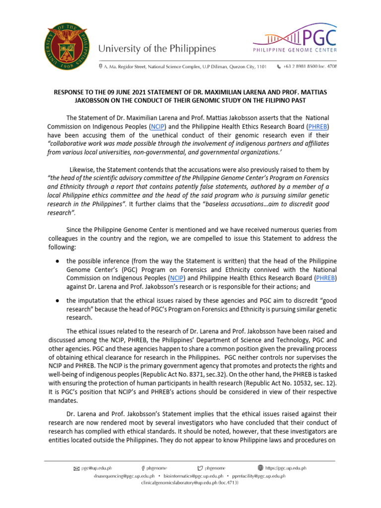 Response To The 09 June 2021 Statement of Dr. Maximilian Larena and ...