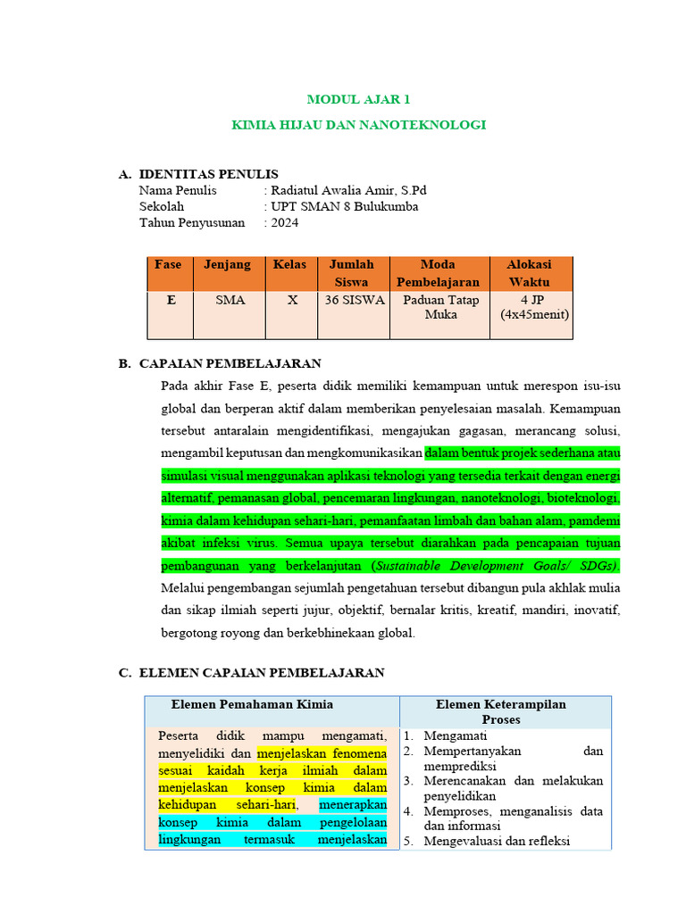 Modul Ajar Kimia Kelas X Radiatul Awalia Amir S Pd Pdf