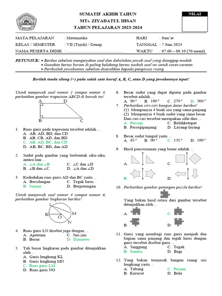 Soal Sat MTK Kelas 7 2024 | PDF