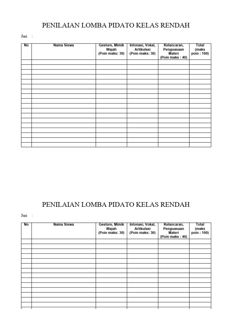 Penilaian Lomba Pidato Kelas Rendah | PDF Penilaian Lomba Pidato Kelas Rendah | PDF