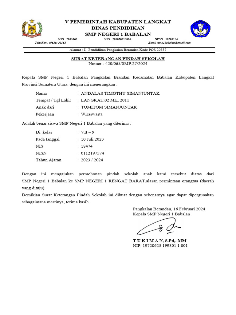 Surat Pindah Keluar Siswa Pdf