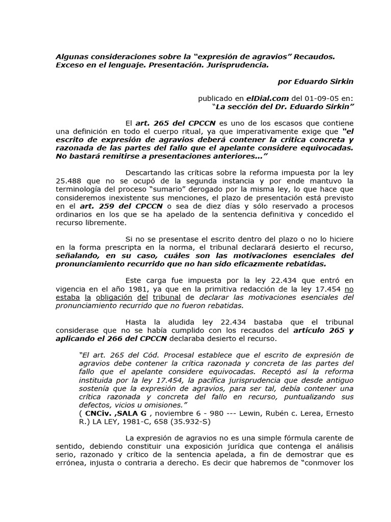 Algunas Consideraciones Sobre La Expresión de Agravios Recaudos | PDF ...