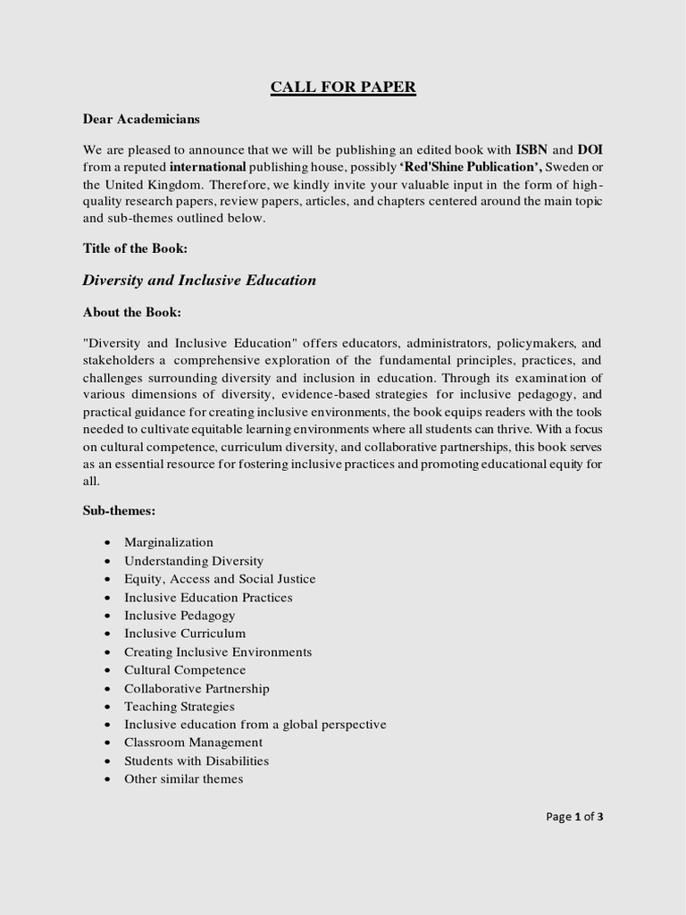 Call For Papers | PDF | Inclusion (Education) | Teachers