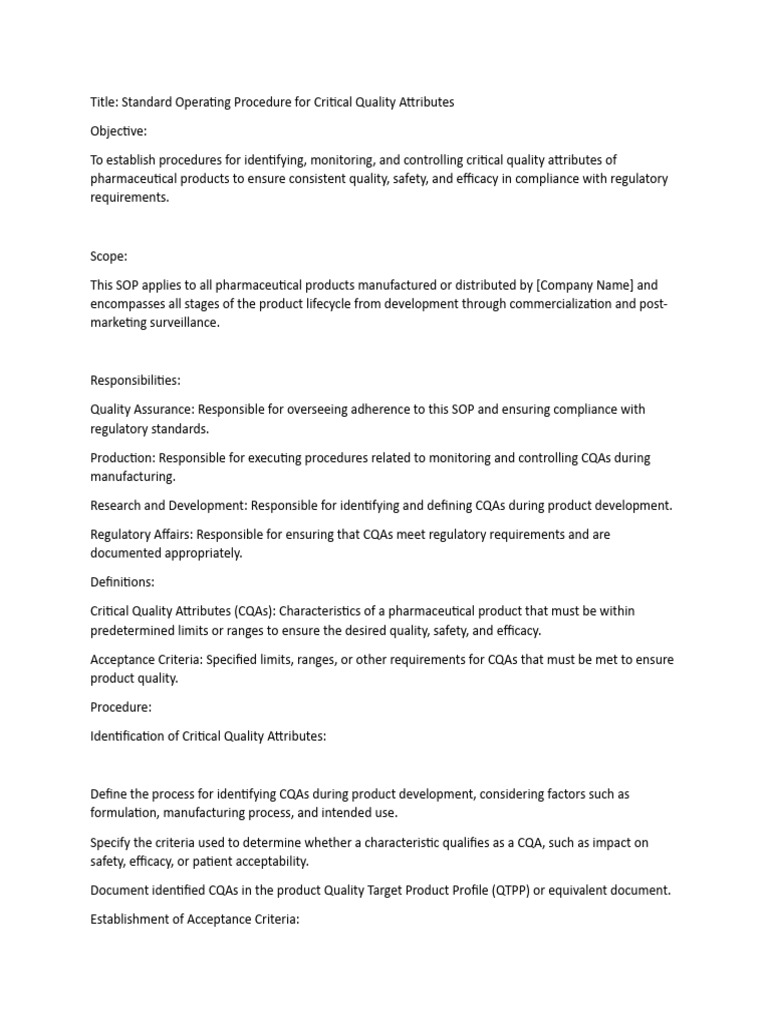 SOP for Managing Critical Quality Attributes | PDF | Regulatory ...