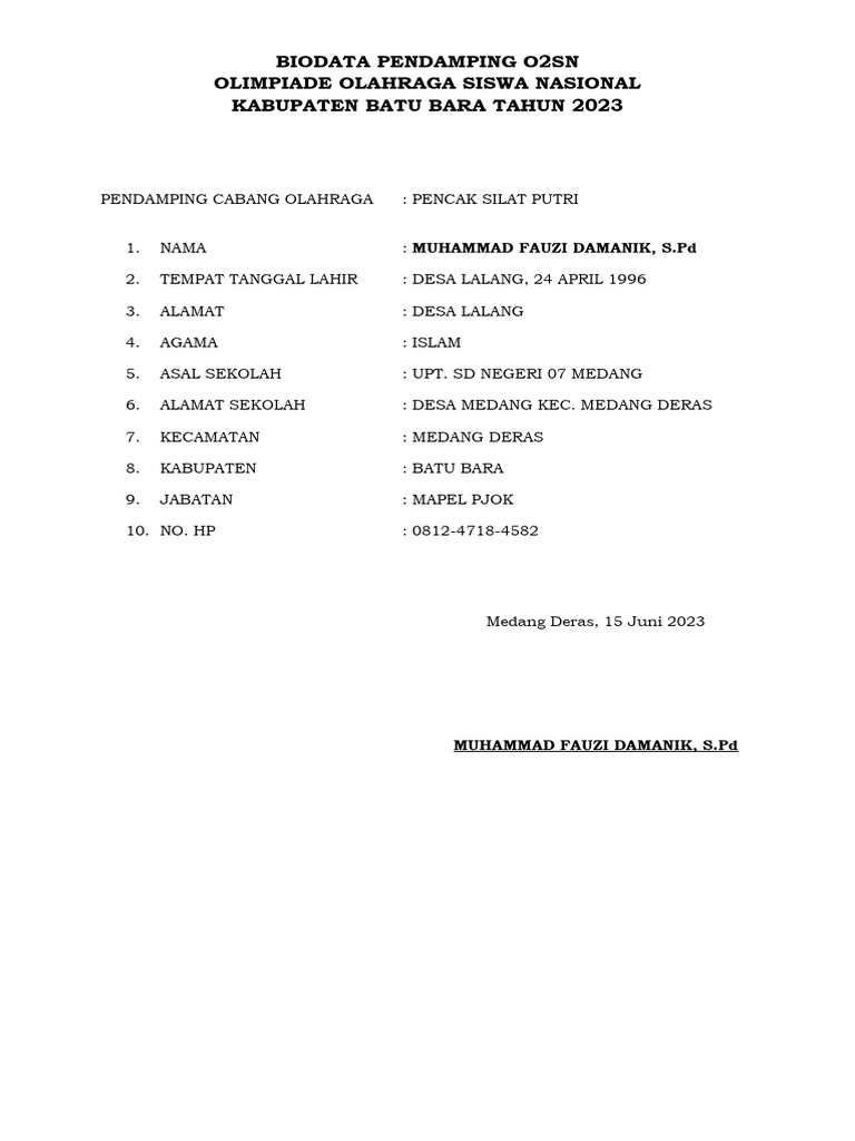 Biodata Pendamping O2sn | PDF