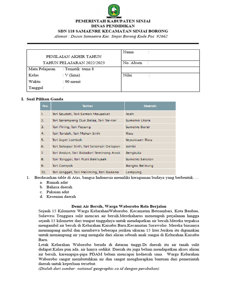 Soal PAT Tema 8 | PDF | Kajian Bahasa Asing | Griya & Taman