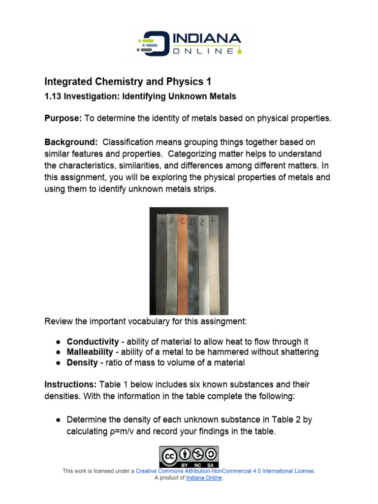 1.13 Investigation - Identifying Unknown Metals | PDF | Metals | Ductility