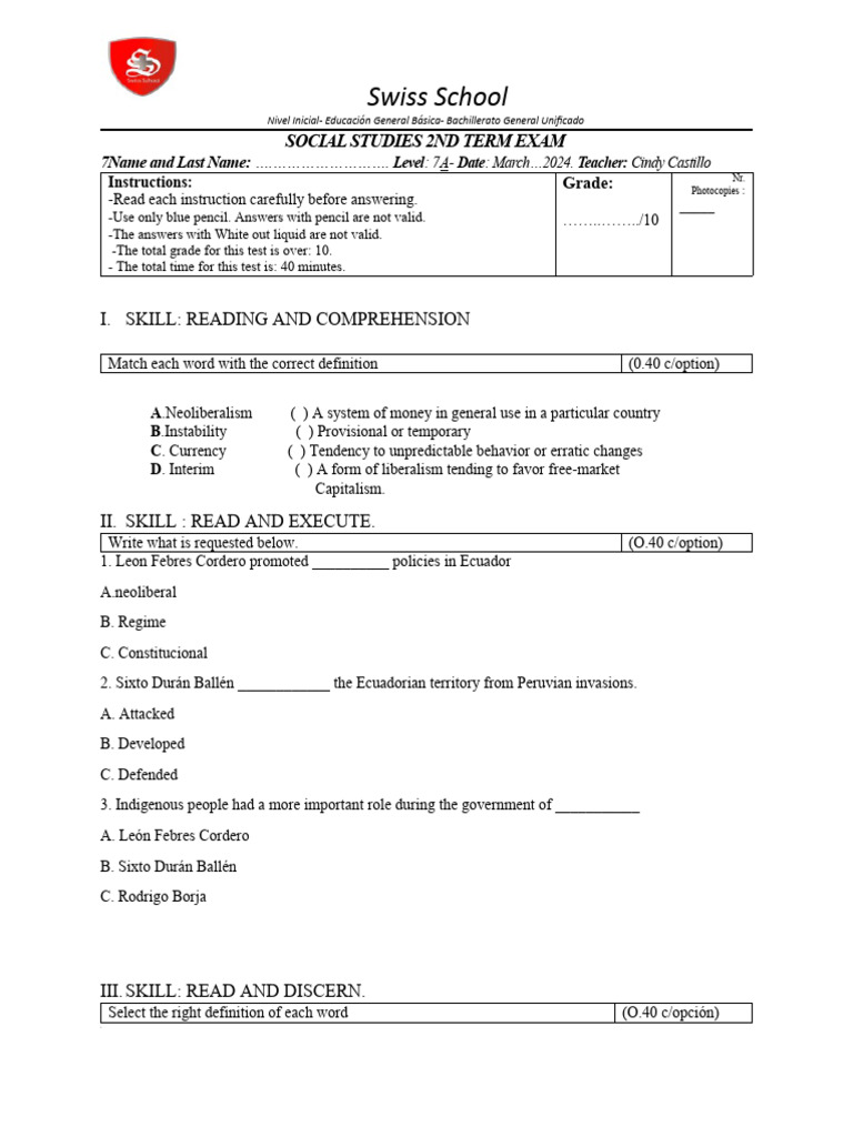 SOCIAL STUDIES 2ND TERM EXAM - 7th Grade | PDF | Foreign Language Studies