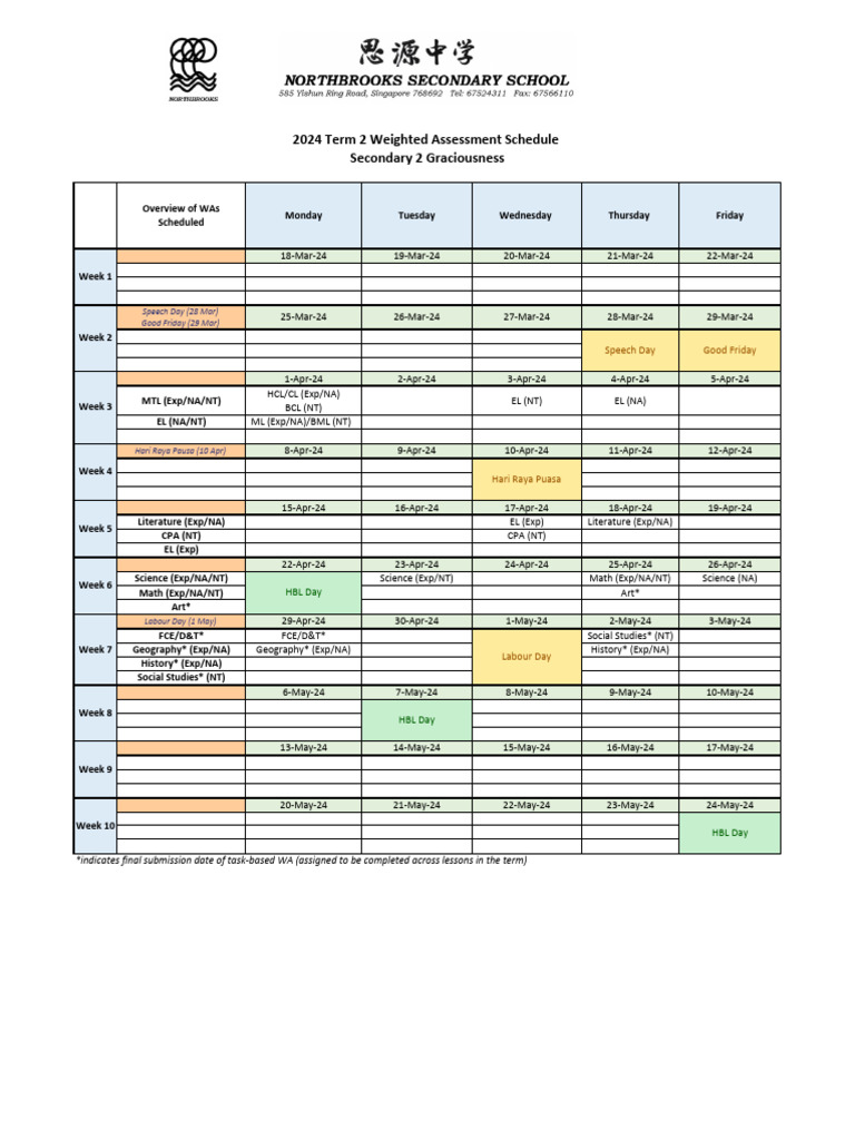 Sec 2 Combined - 2024 Term 2 WA Schedule-2 | PDF | March Observances | Public Holiday