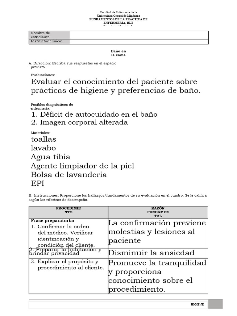 Promoción de La Comodidad y La Higiene Del Paciente: Lista de ...