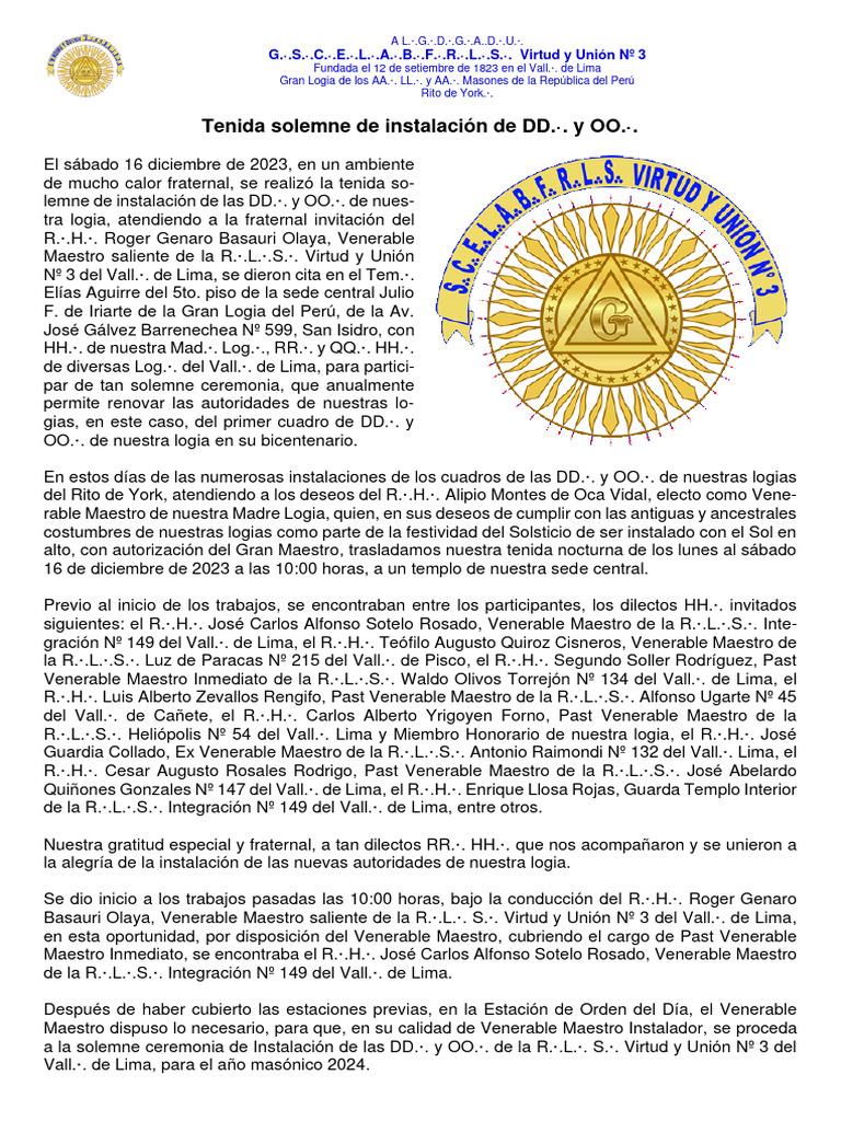 Tenida Solemne de Instalación de DD. . y OO. . 2024 | PDF | Gremio ...