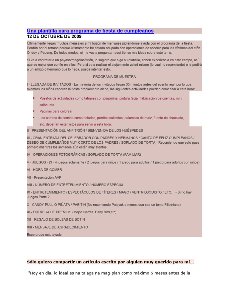 Una Plantilla para Programa de Fiesta de Cumpleaños | Descargar gratis ...