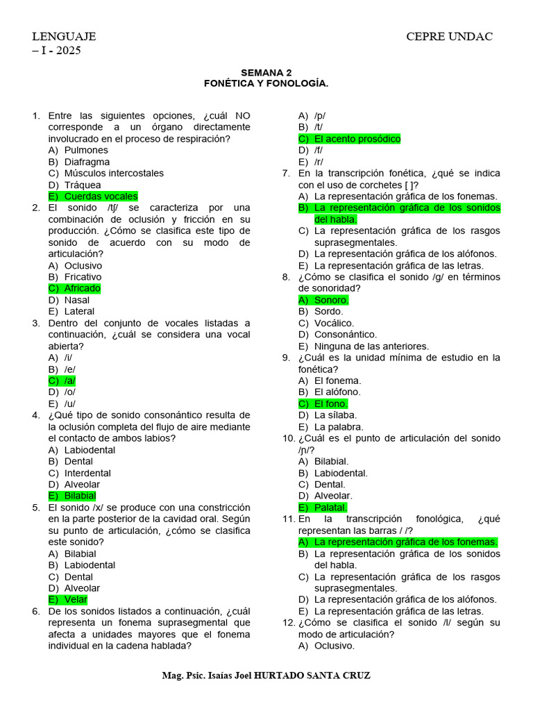 SEMANA 2 Solucionario LENGUAJE | PDF | Fonema | Fonética