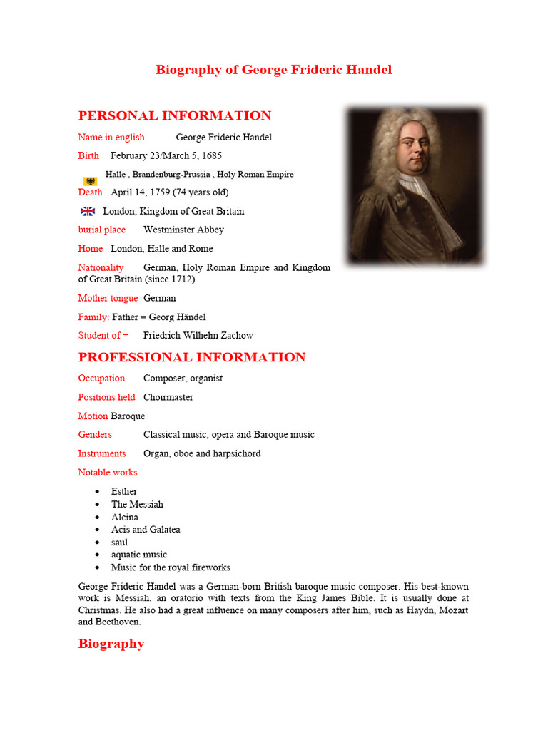 Biography of George Frideric Handel | PDF | George Frideric Handel ...
