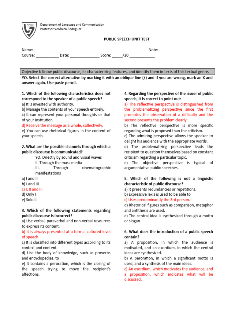 Public Speaking Quiz - With Answers | PDF | Public Speaking | Genre