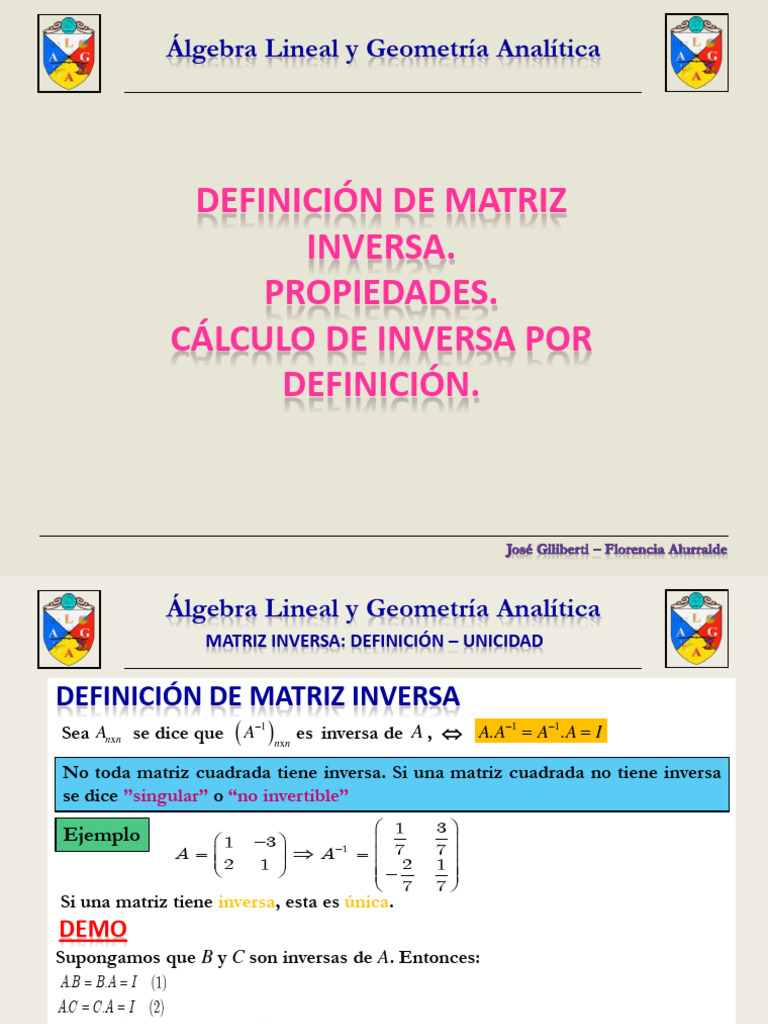 Definición de Matriz Inversa. Unicidad. Propiedades. Cálculo de Inversa ...