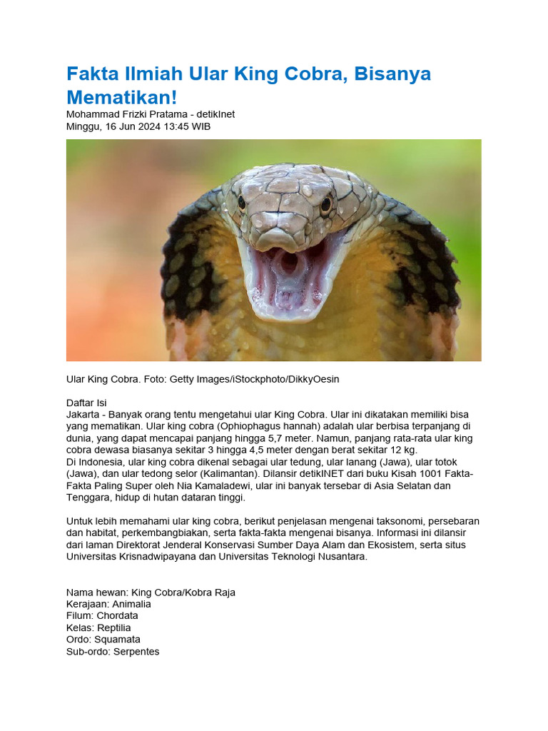 Fakta Ilmiah Ular King Cobra | PDF