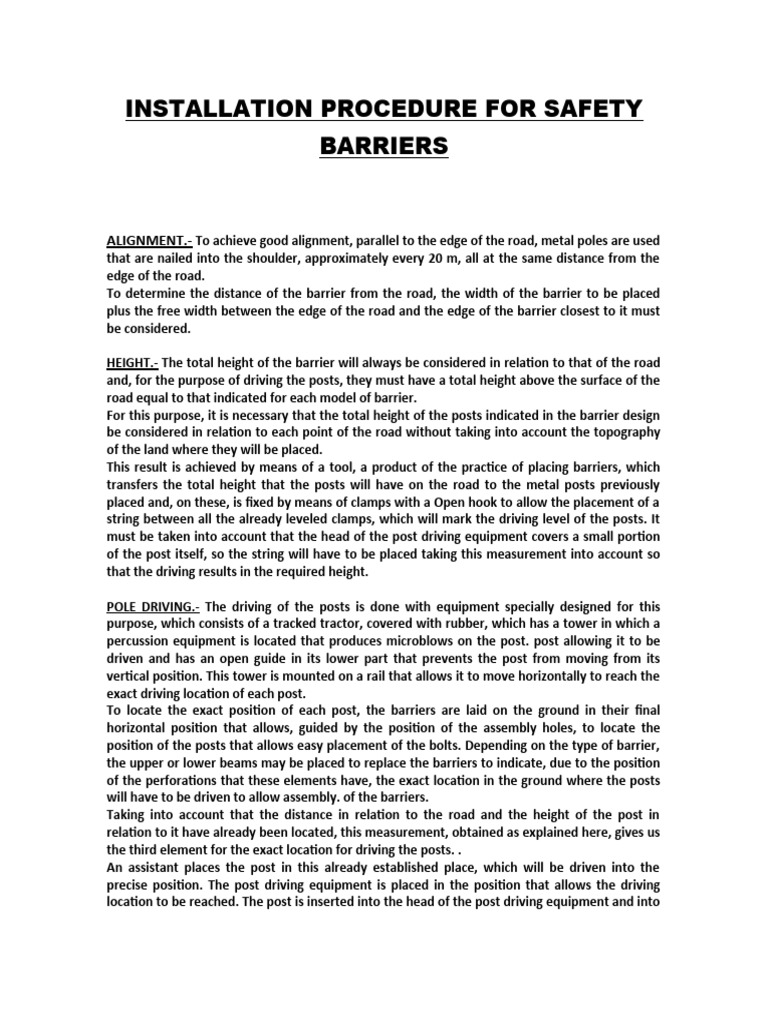 Safety Barriers Installation Procedure | PDF | Screw | Drill
