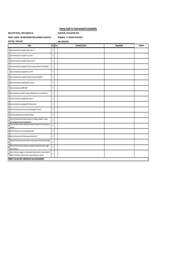 Environmental Internal Audit Checklist | PDF | Waste | Sewage Treatment