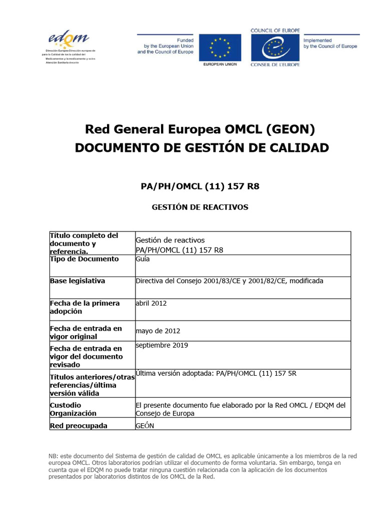 Documento de Gestión de Calidad de La Red General Europea OMCL (GEON ...