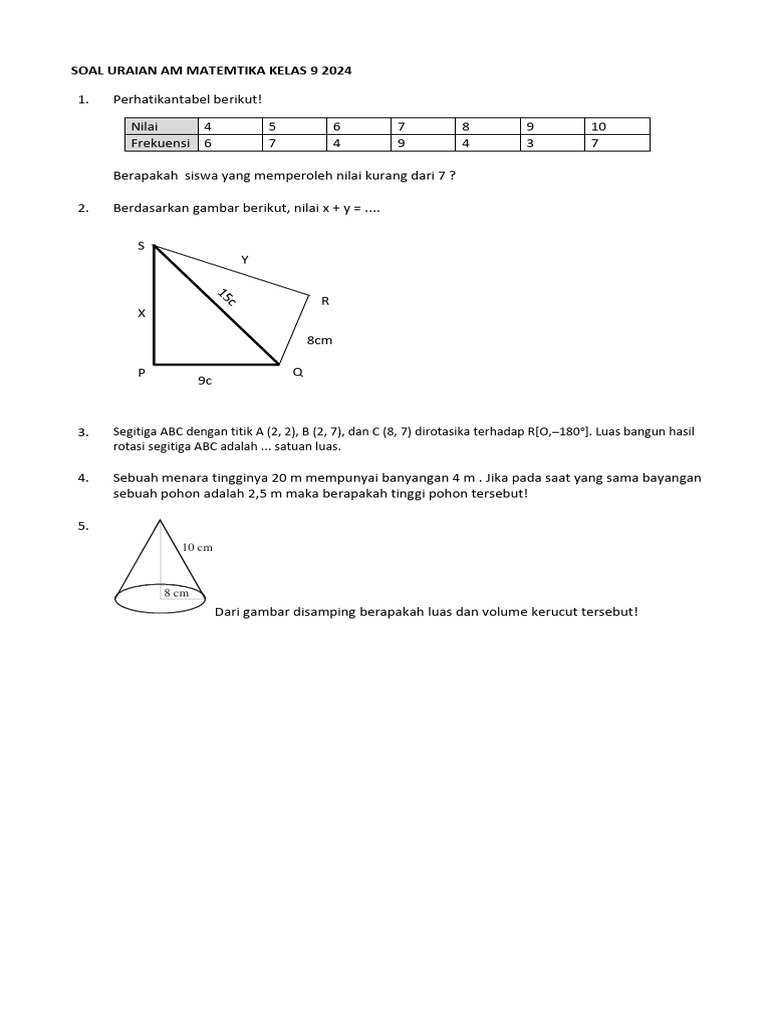Soal Uraian AM MTK Kls 9 2024 | PDF | Metode & Bahan Ajar