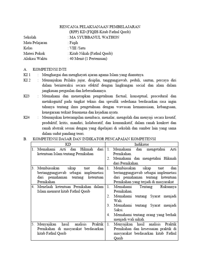RPP Bab Nikah Kitab Fathul Qorib | PDF | Karier & Perkembangan | Sains & Matematika