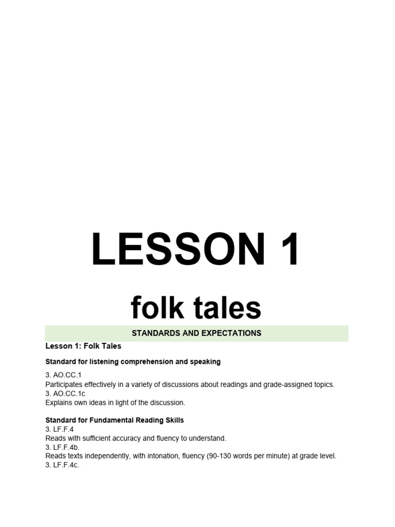 Folktales Lesson: Standards & Story | PDF | Question | Reading ...