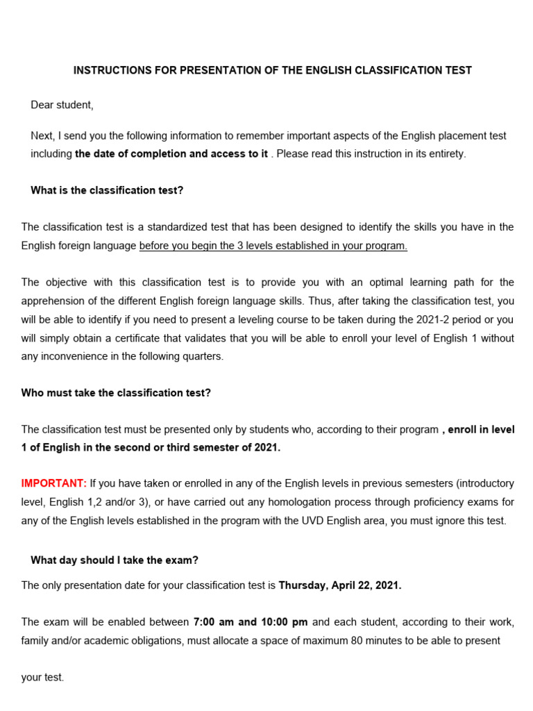 Instructional English Classification Test | PDF | Reading Comprehension ...