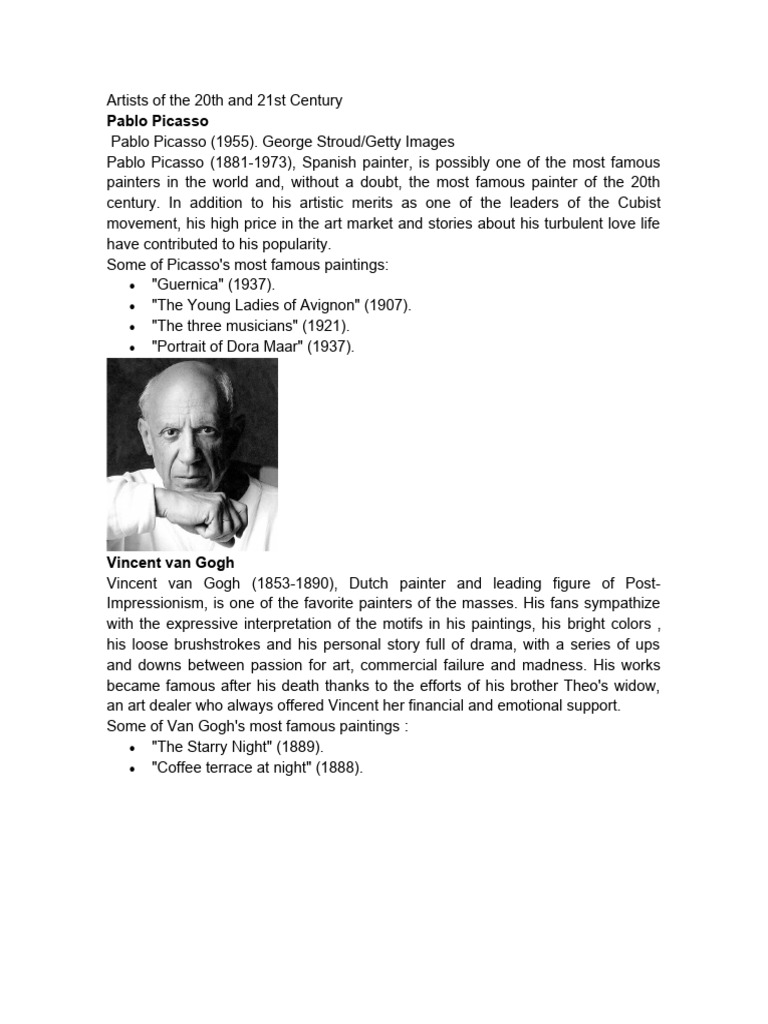 Artists of The 20th and 21st Century | PDF | Paintings | Pablo Picasso