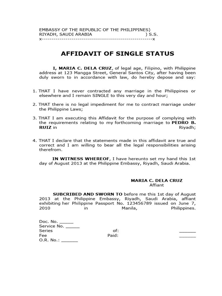 AFFIDAVIT OF SINGLE STATUS No Legal Impediment | PDF