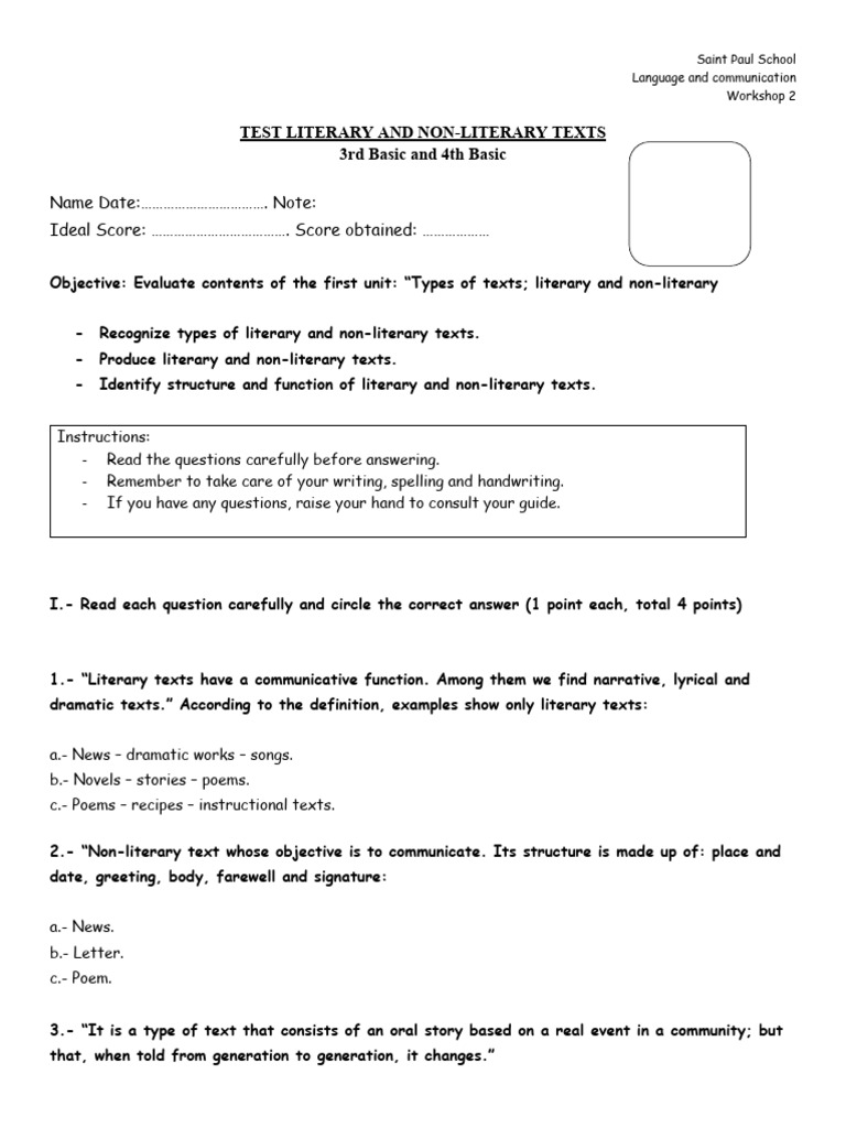 Test Literary and Non-Literary Texts 3 and 4 Basic | PDF