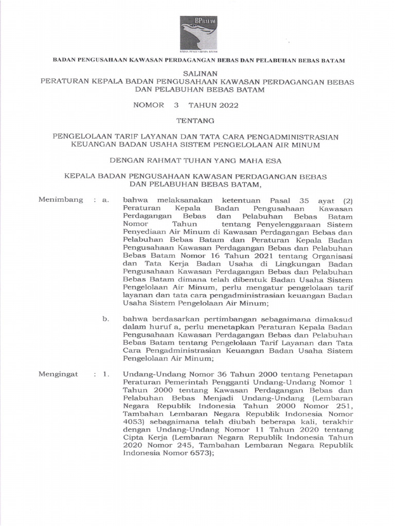 PERKA 2022 NO 3 - Pengelolaan Tarif Layanan Dan Tata Cara ...