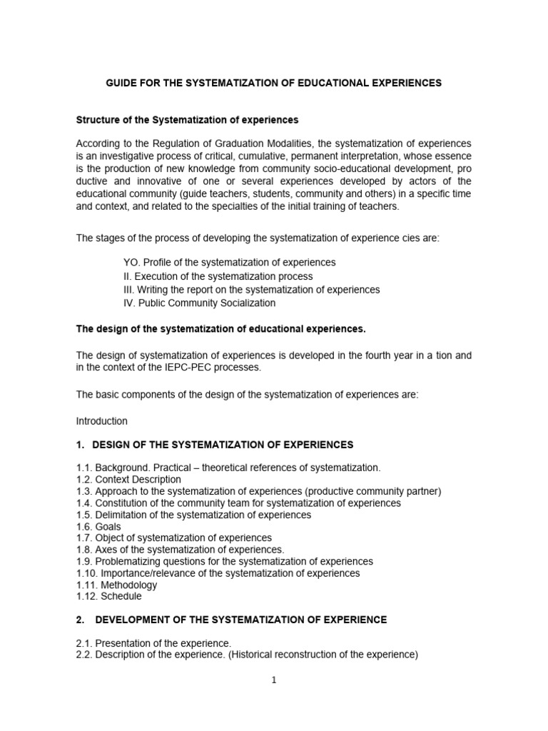 Guide To Systematization Of Educational Experiences Pdf Experience
