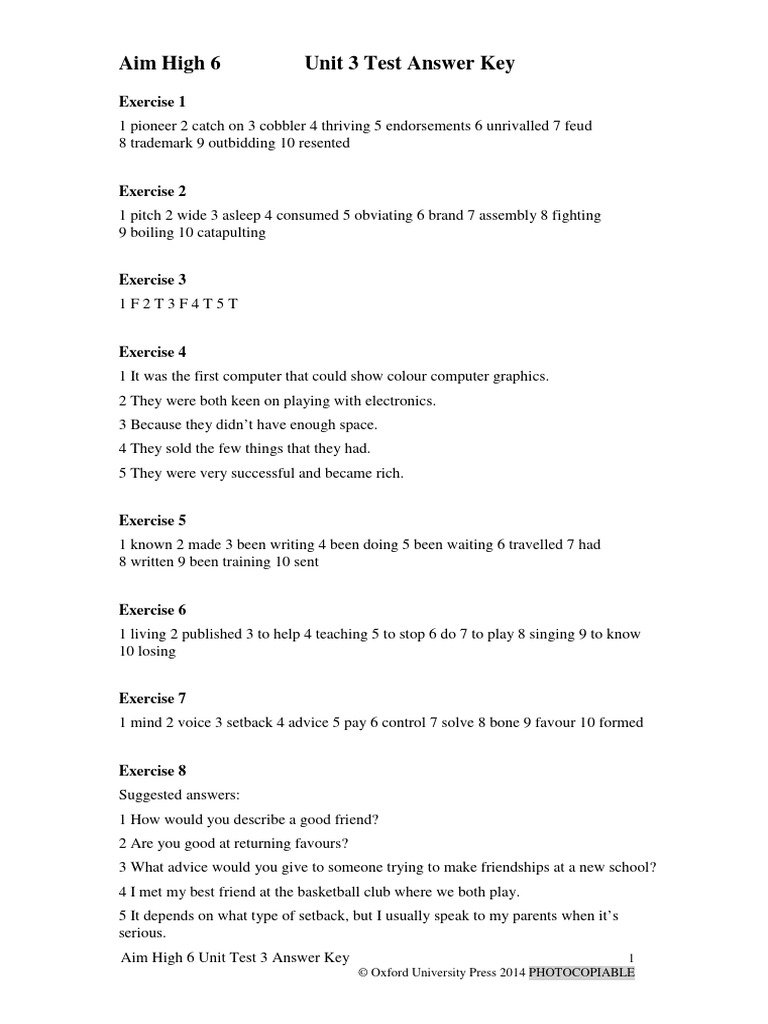Aim High 6 Unit 3 Test AK | PDF