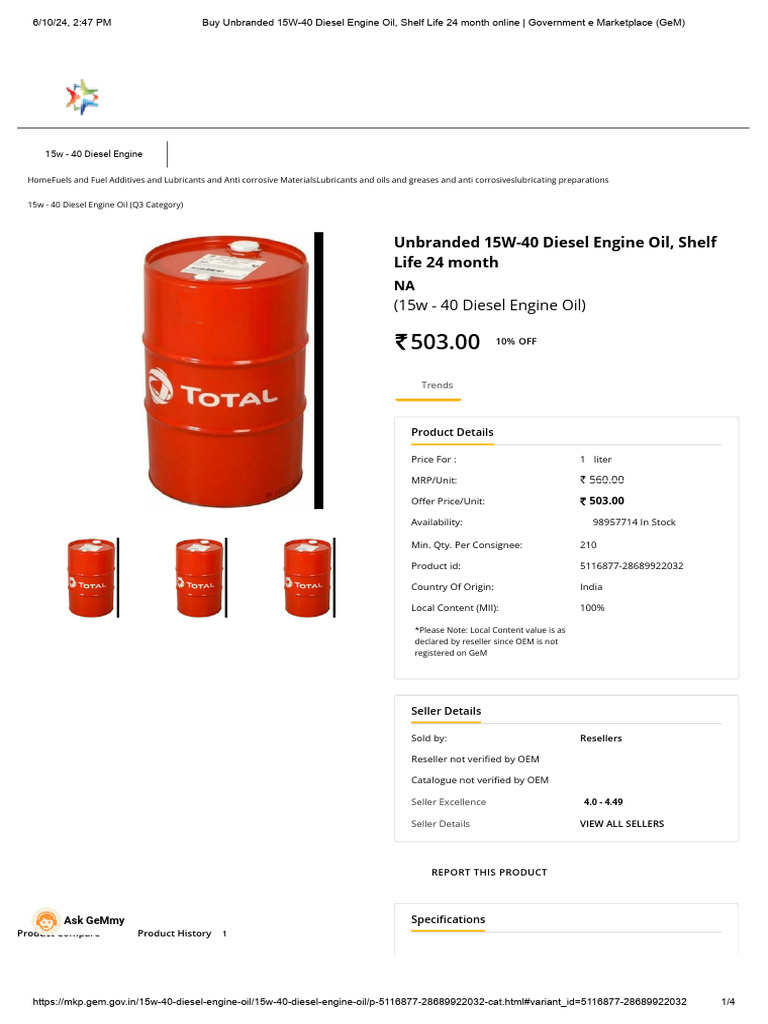 Buy Unbranded 15W-40 Diesel Engine Oil, Shelf Life 24 Month Online ...