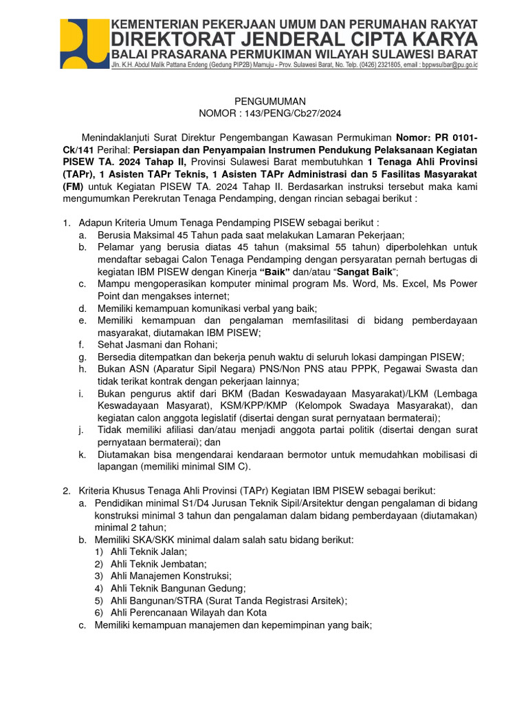 Pengumuman Rekrutmen Calon Tenaga Pendamping IBM PISEW Tahap II Provinsi Sulawesi Barat | PDF