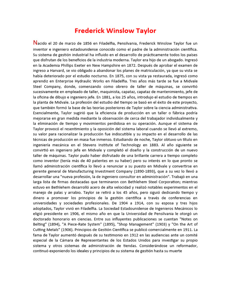 Frederick Winslow Taylor EIMY 2 | PDF | Economias | Ingeniería
