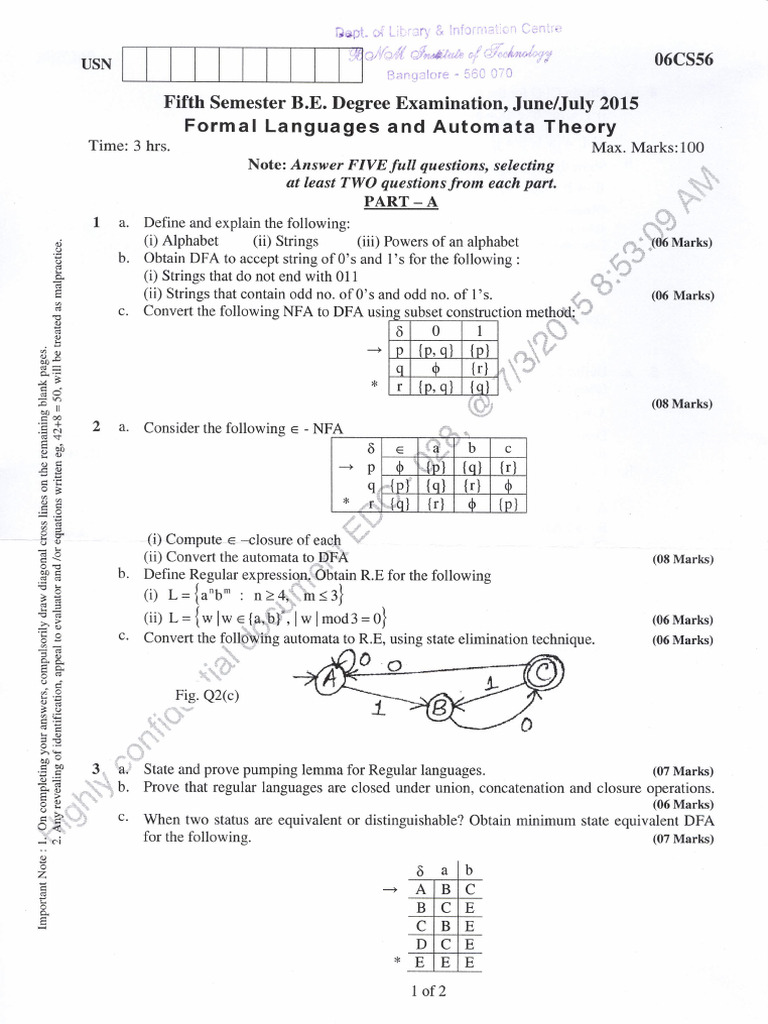 Formal Languages and Automata Theory (06CS56) | PDF