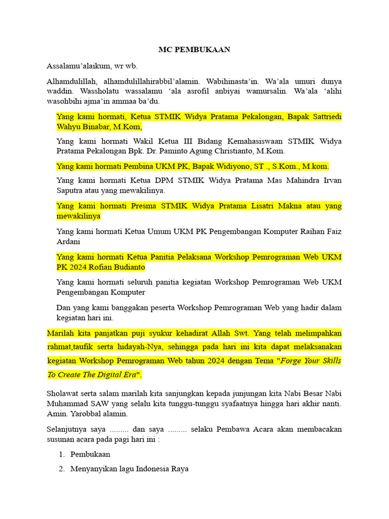 MC PEMBUKAAN Workshop | PDF | Komputer