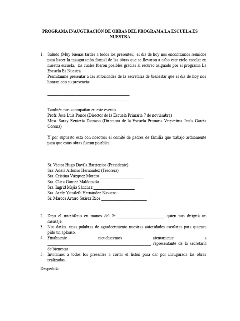 Programa Inauguración de Obras Del Programa La Escuela Es Nuestra | PDF ...