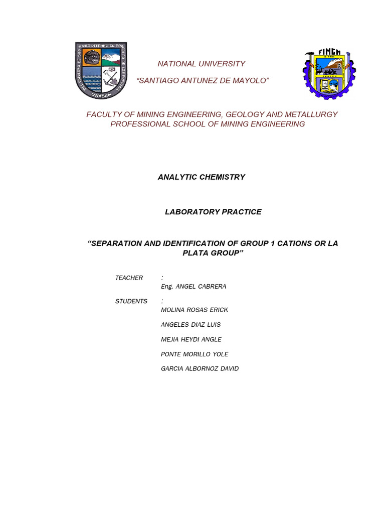 Separation and Identification of Cations From Group 1 or La Plata Group ...