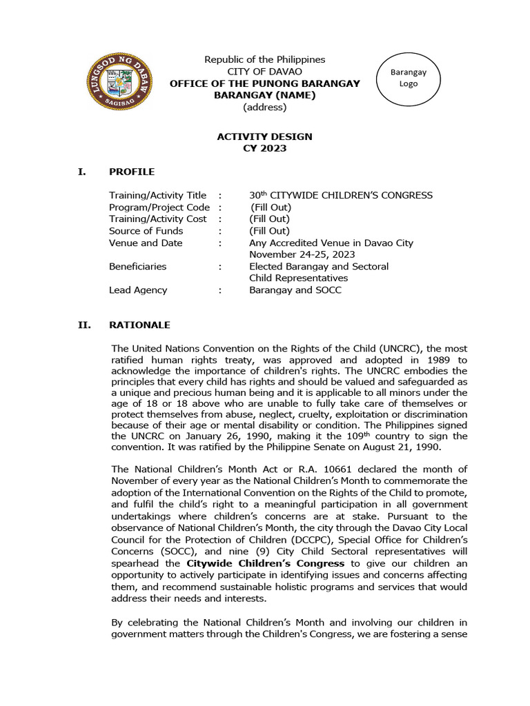 BCPC Activity Design Template - Children's Congress | PDF | Convention ...