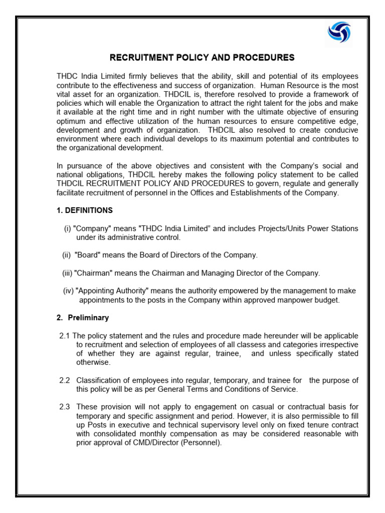 I 01 Rectt Policy and Procedures Recruitment Policy THDC | PDF ...
