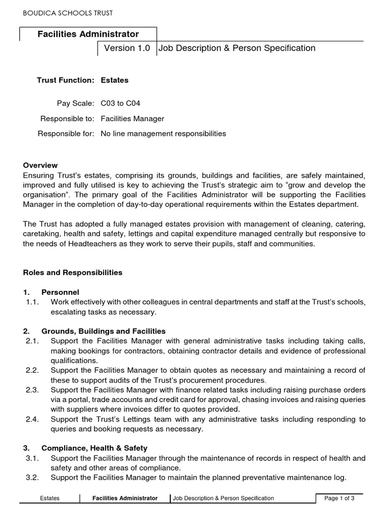 Facilities Administrator Job Overview | PDF | Occupational Safety And ...