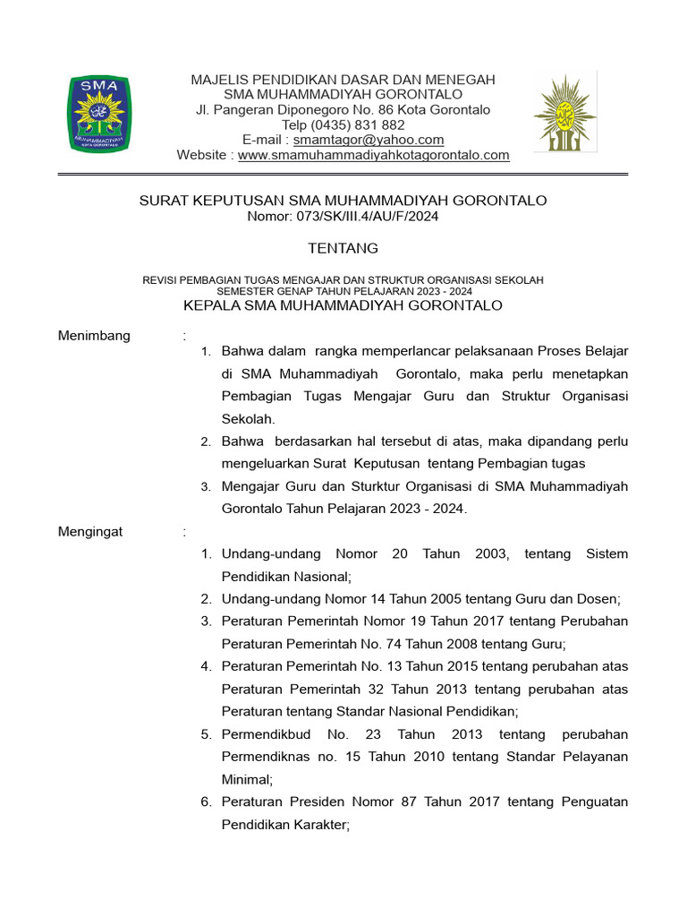 SK Pembagian Tugas Semester Genap 2023-2024 | PDF