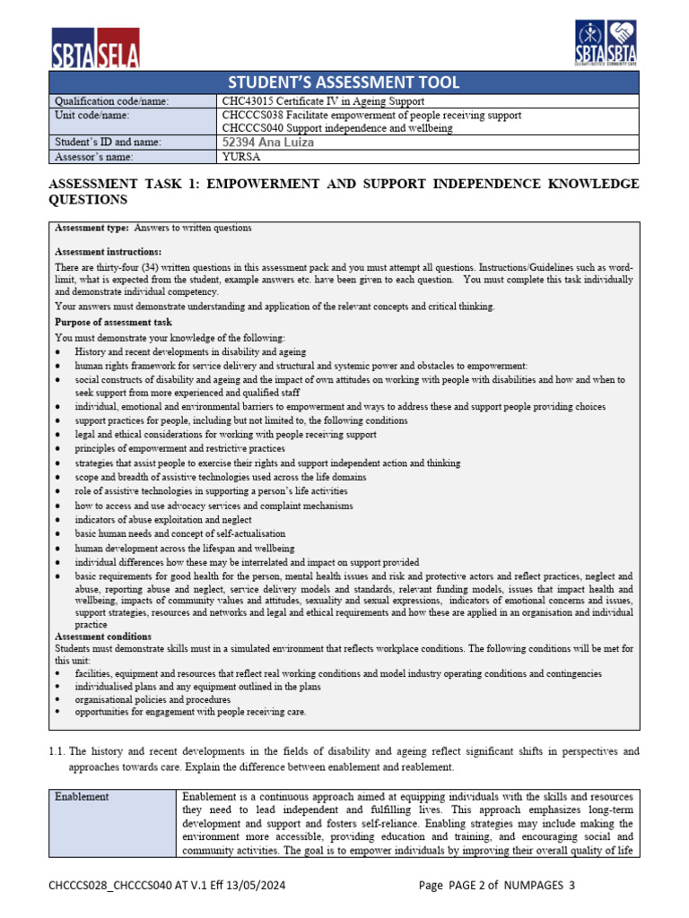 CHCCCS038 Facilitate Empowerment of People Receiving Support CHCCCS040 ...