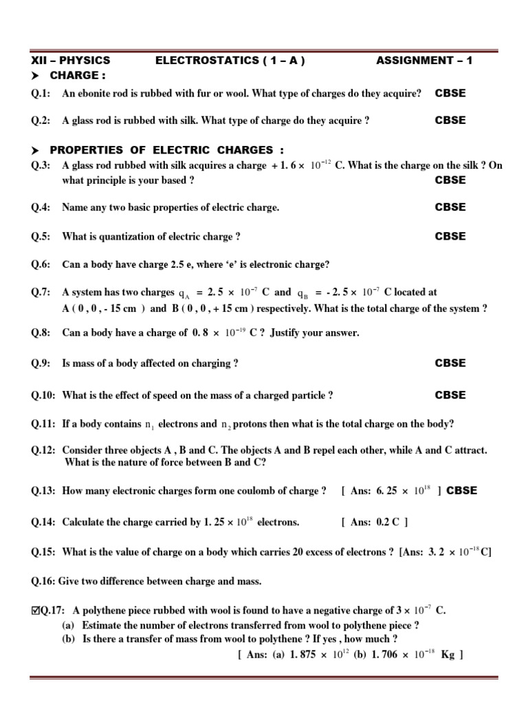 Class 12 Physics Assignment: Electrostatics | PDF | Electric Charge ...