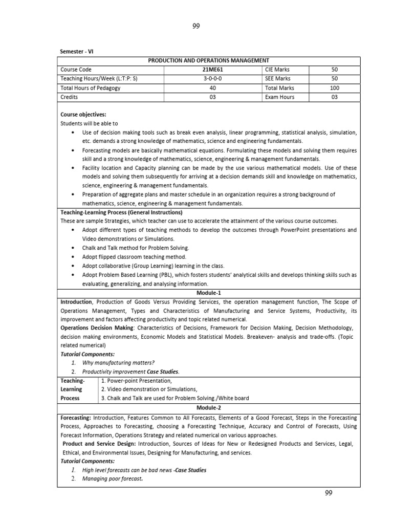 POM Syllabus | PDF | Supply Chain Management | Forecasting
