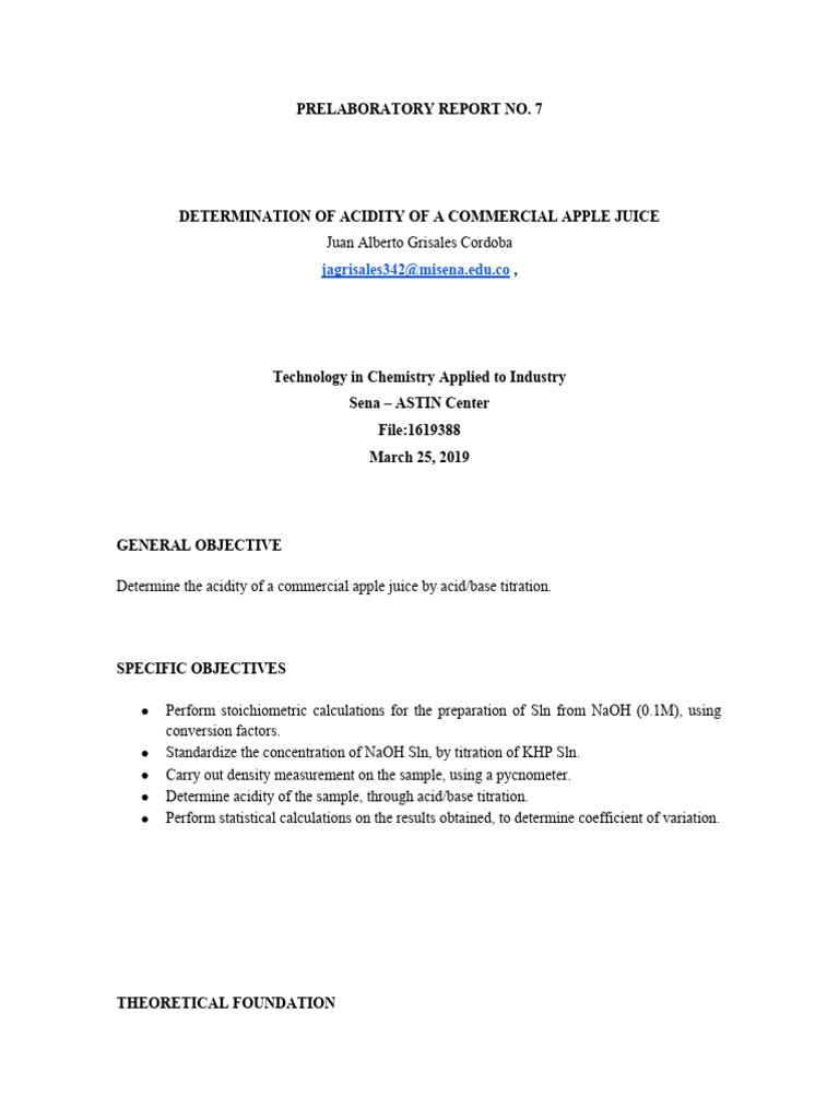 Acidity Analysis of Commercial Apple Juice | PDF | Titration | Chemistry